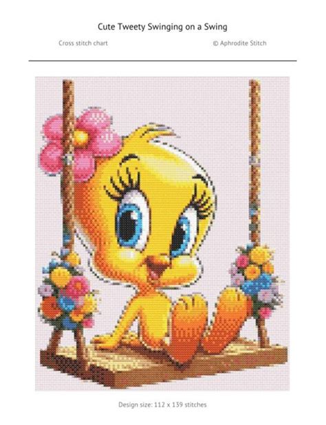 Cute Tweety Bird On Swing Cross Stitch Pattern Spring Floral Bird