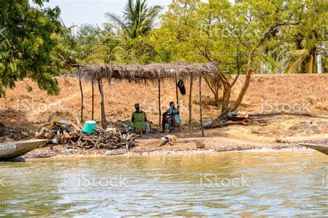 미확인된 세네갈 여자 Casamance 강 연안에서 캐노피 아래 앉아 강에 대한 스톡 사진 및 기타 이미지 강 모래 물