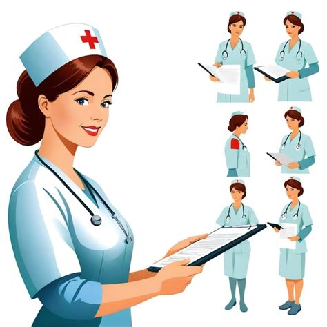 Nurse Reviewing A Medical Chart Vector Set White Background Isolated A