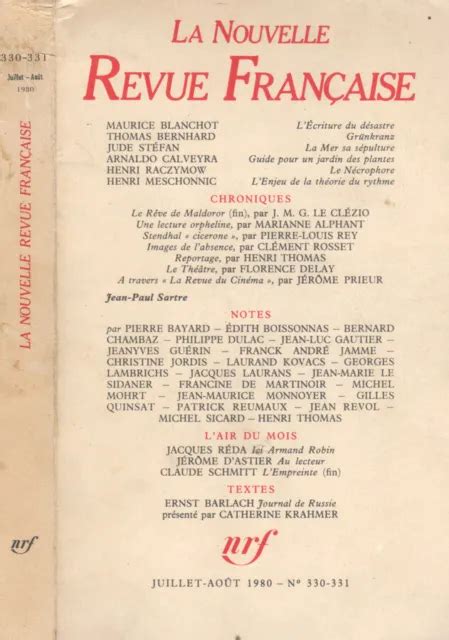 LA NOUVELLE REVUE Francaise Juillet Aout 1980 N 330 331 AA VV