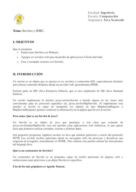 Pdf I Objetivos Ii IntroducciÓn · 2020 3 5 · Tema Servlets Y