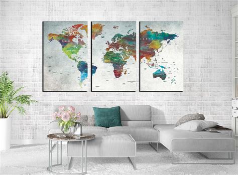 World Map Canvasworld Map Wall Artworld Map Watercolorlarge Etsy