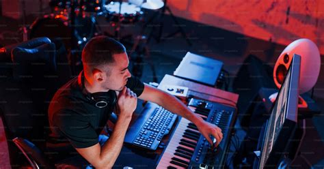 Guy는 스튜디오에서 실내에서 프로젝트와 음악 믹싱을하는 일을하고 있습니다 사진 Unsplash의 우크라이나 이미지