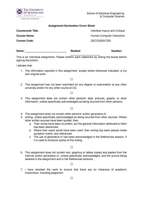 Assignment Declaration Cover Sheet Interface Inquiry School Of