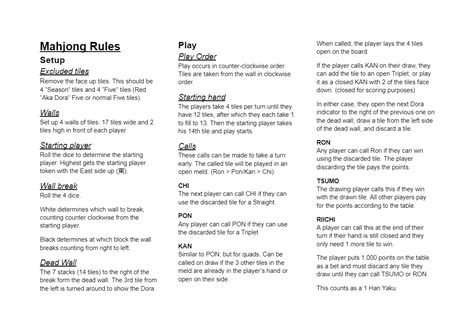 Doman Mahjong Rules Cheat Sheet By Lukasprince