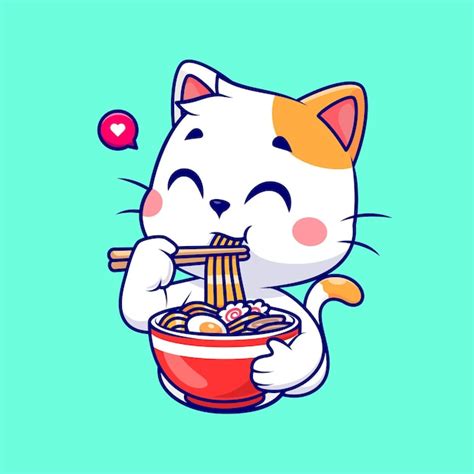 Gato Bonito Comendo Macarrão Ramen ícone Do Vetor Dos Desenhos Animados