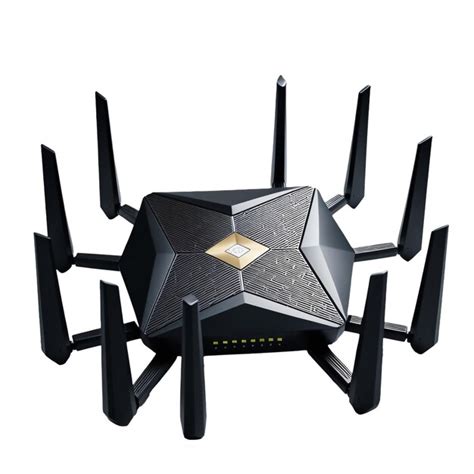 Hightech Black Wireless Router With Angular Design Gold Logo Symmetrical Antennas And Led