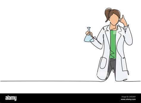 Single One Line Drawing Female Scientist With Call Me Gesture And