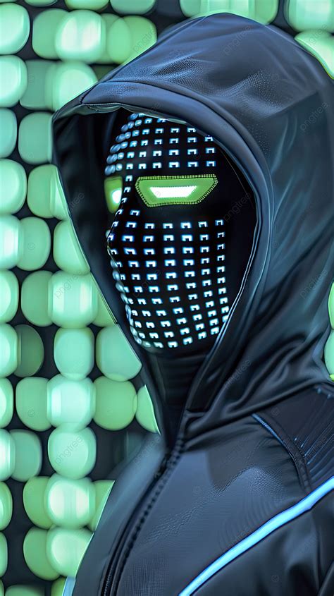 A Hooded Hacker Wearing An Outfit Made Of Binary Code With Green Neon