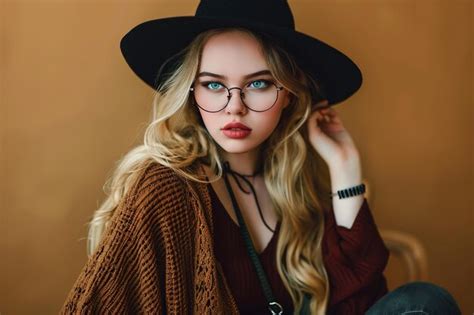 A Woman Wearing Glasses And A Hat Is Wearing A Black Hat Premium Ai