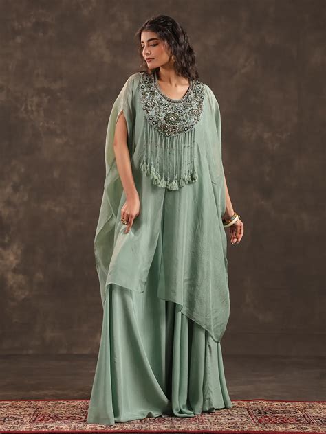 Mint Green Organza Designer Kaftan Palazzo Suit With