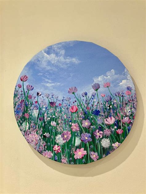Flower Field Acrylic Painting On Round Canvas 25cm Etsy Uk In 2024