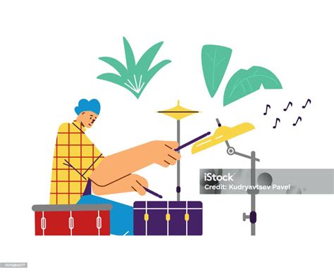 막대기로 드럼을 연주하는 남자 흰색 배경에 고립 된 평평한 벡터 일러스트레이션 공부에 대한 스톡 벡터 아트 및 기타 이미지