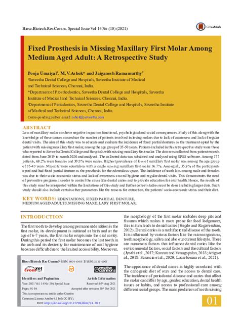 Pdf Fixed Prosthesis In Missing Maxillary First Molar Among Medium Aged Adult A Retrospective