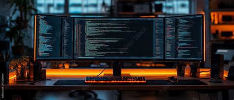 code on computer screens symbolizing technology and programming dark