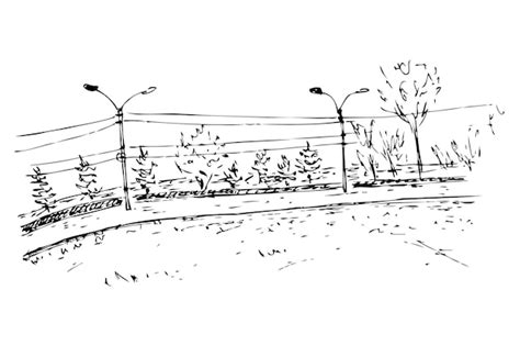 Tshirt 포스터 직물에 적합하고 장식 및 디자인을 위한 Doodle 벡터 일러스트레이션에 적합한 전기 기둥이 있는 도시 풍경의 손 그리기 스케치 프리미엄 벡터