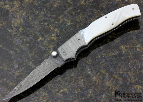 Charlie Dake Custom Knife 0316 Mother Of Pearl Shell With Damascus By Mary Dake And Chad Nichols