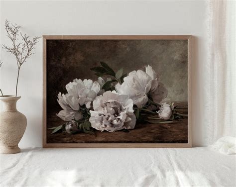 Vintage Peonies Oil Painting Moody Sill Life Flower Art Etsy