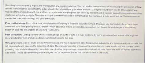 Solved Sampling Bias Can Greatly Impact The Final Result Of Chegg