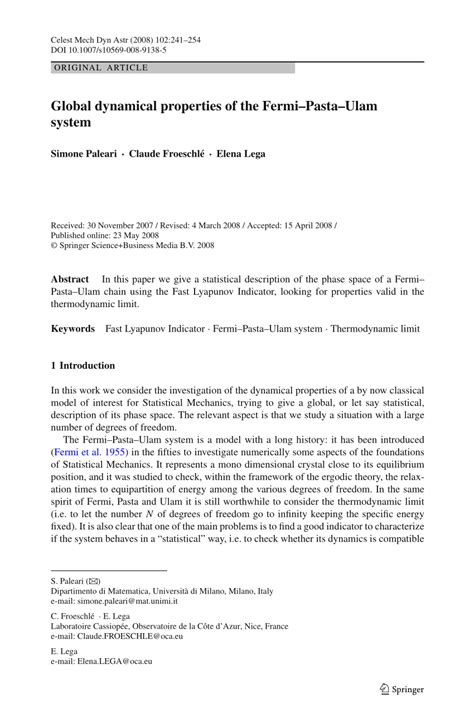 Pdf Global Dynamical Properties Of The Fermipastaulam System