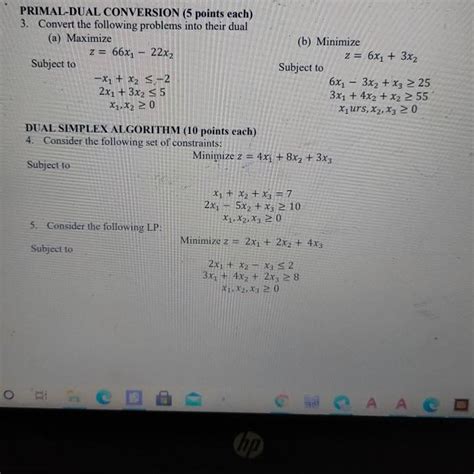 Solved PRIMAL-DUAL CONVERSION (5 points each) 3. Convert the | Chegg.com