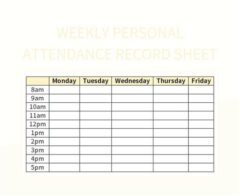 Weekly Personal Attendance Record Sheet Excel Template And Google Sheets File For Free Download