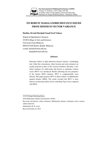 Pdf On Robust Mahalanobis Distance Issued From Minimum Vector Variance