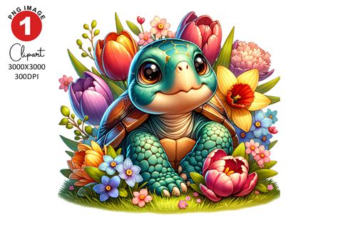 Cute Turtle With Florals Spring Clipart Graphic By Thedigitalstore247