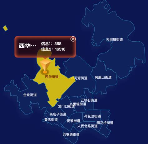 Echarts成都市金牛区geojson地图点击弹出自定义弹窗演示实例 完竣世界