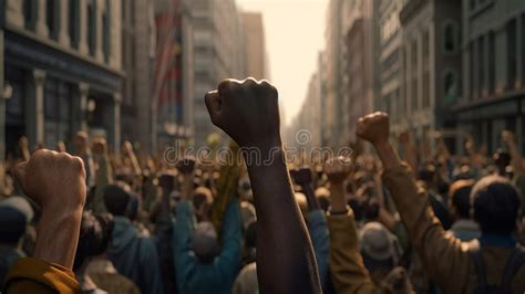 Protesting Crowd People On City Street With Raised Generative Ai Stock