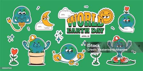 그루비 스타일의 복고풍 행성 지구 캐릭터 사이키델릭한 미소를 짓는 펑키한 글로브 마스코트 스티커 세계 지구의 날 세계 환경의 날 친환경 라벨 배지 태그 4월에 대한 스톡