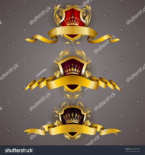 Set Golden Royal Shields Floral Elements Stock Vector Royalty Free