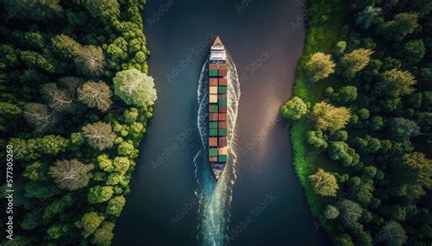Navigating Narrow Waterways Container Ship Transporting Cargo With