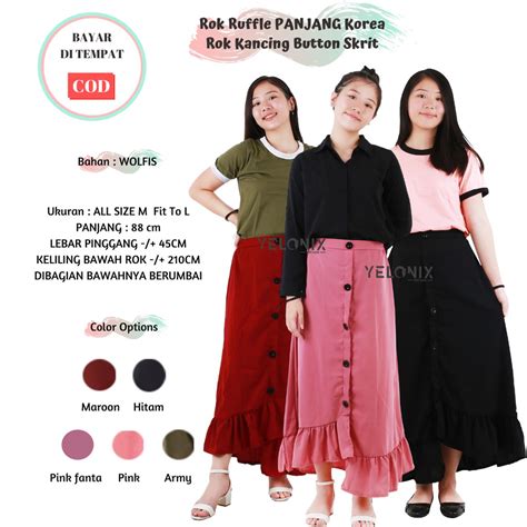 Jual Rok Ruffle Panjang Rample Korea Rok Kancing Button Skrit Pinggang Karet Yelonix Shopee