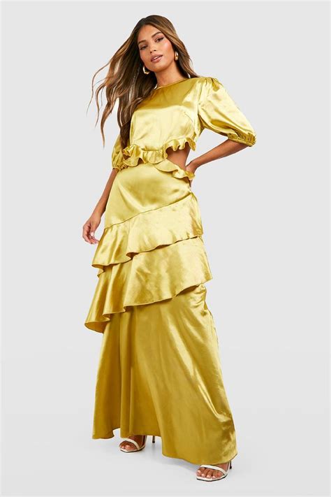 Satin Ruffle Cut Out Maxi Boohoo Uk