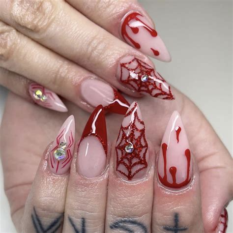 Halloween Press On Nails Medium Almond Red French Fake