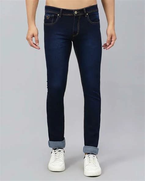 Buy Cefalu Men Blue Solid Washed Self Design Denim Men S Stretchable Jeans Stylish
