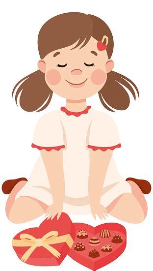 하트 모양의 상자에 초콜릿 사탕을 가진 귀여운 소녀 로맨스 감정 기호와 사랑스러운 아이 캐릭터 해피 발렌타인 데이 만화 벡터