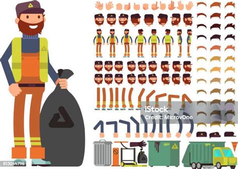 위생 노동자 벡터 남자 캐릭터입니다 신체 부위 및 가비지 수집 장비 세트로 생성 생성자 가방에 대한 스톡 벡터 아트 및 기타 이미지 가방 개체 그룹 건설 산업