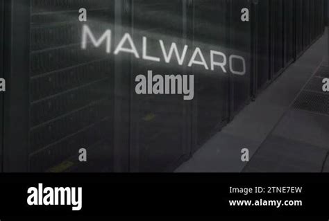 Animation Of Malware Text Binary Codes And Circuit Board Pattern Over Server Room Digital