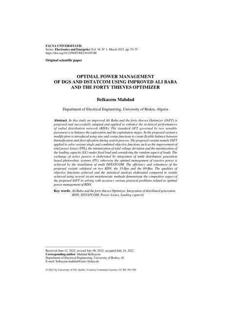 Pdf Optimal Power Management Of Dgs And Dstatcom Using Improved Ali Baba And The Forty Thieves