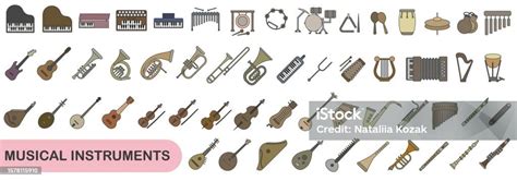 스트로크가 있는 간단한 컬러 악기 세트입니다 다양한 악기의 이미지 Classical Concert에 대한 스톡 벡터 아트 및 기타 이미지 Classical Concert