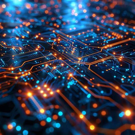 Close Up View Of A Futuristic Circuit Board With Glowing Blue And Orange Lights Representing