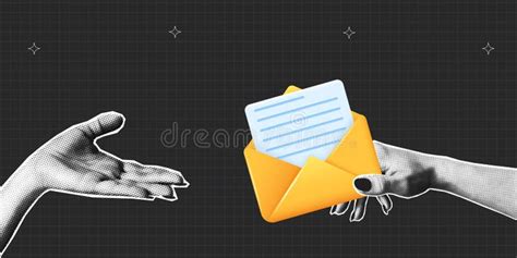 Collage Banner With Halftone Hand Passes Letter To Recipient Hand Holding 3d Envelope And Gives