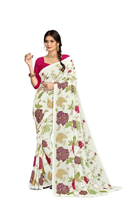 Graceful White Color Georgette Fancy Thread Sequence Saree