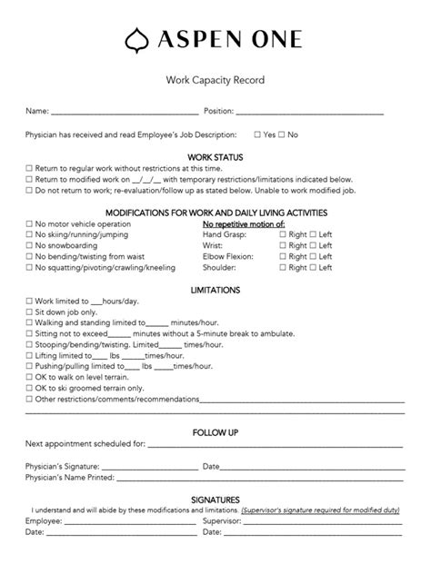 Work Capacity Record And Modifications Pdf