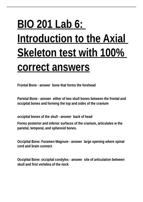 BIO 201 Lab 6 Introduction To The Axial Skeleton Test With 100 Correct Answers BIO201 Stuvia US