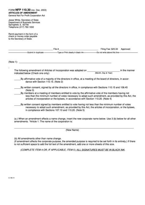 Fillable Form Nfp 110 30 Articles Of Amendment General Not For Profit Corporation Act