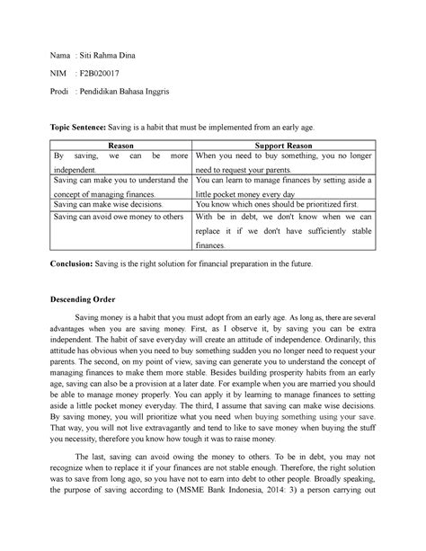 Ordering Paragraph Nama Siti Rahma Dina Nim F2b Prodi Pendidikan Bahasa Inggris Topic