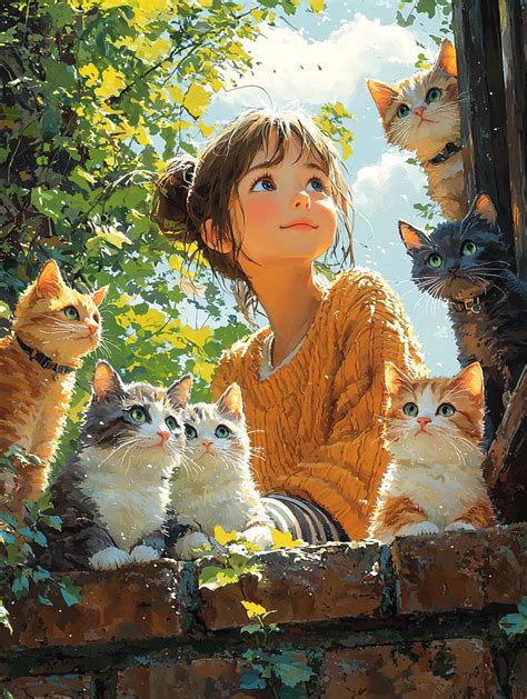 꿈같은 여름 날 소녀와 귀여운 고양이들의 따뜻한 장면